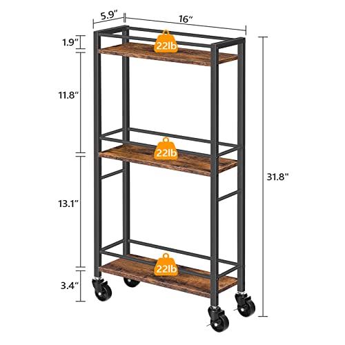 MAHANCRIS 3-Tier Slim Rolling Cart, Narrow Kitchen Cart on Wheels, Practical Storage Rolling Cart, Wooden Kitchen Storage Rack, for Tight Spaces in Dining Room, Bathroom, Rustic Brown RCHR1501Z