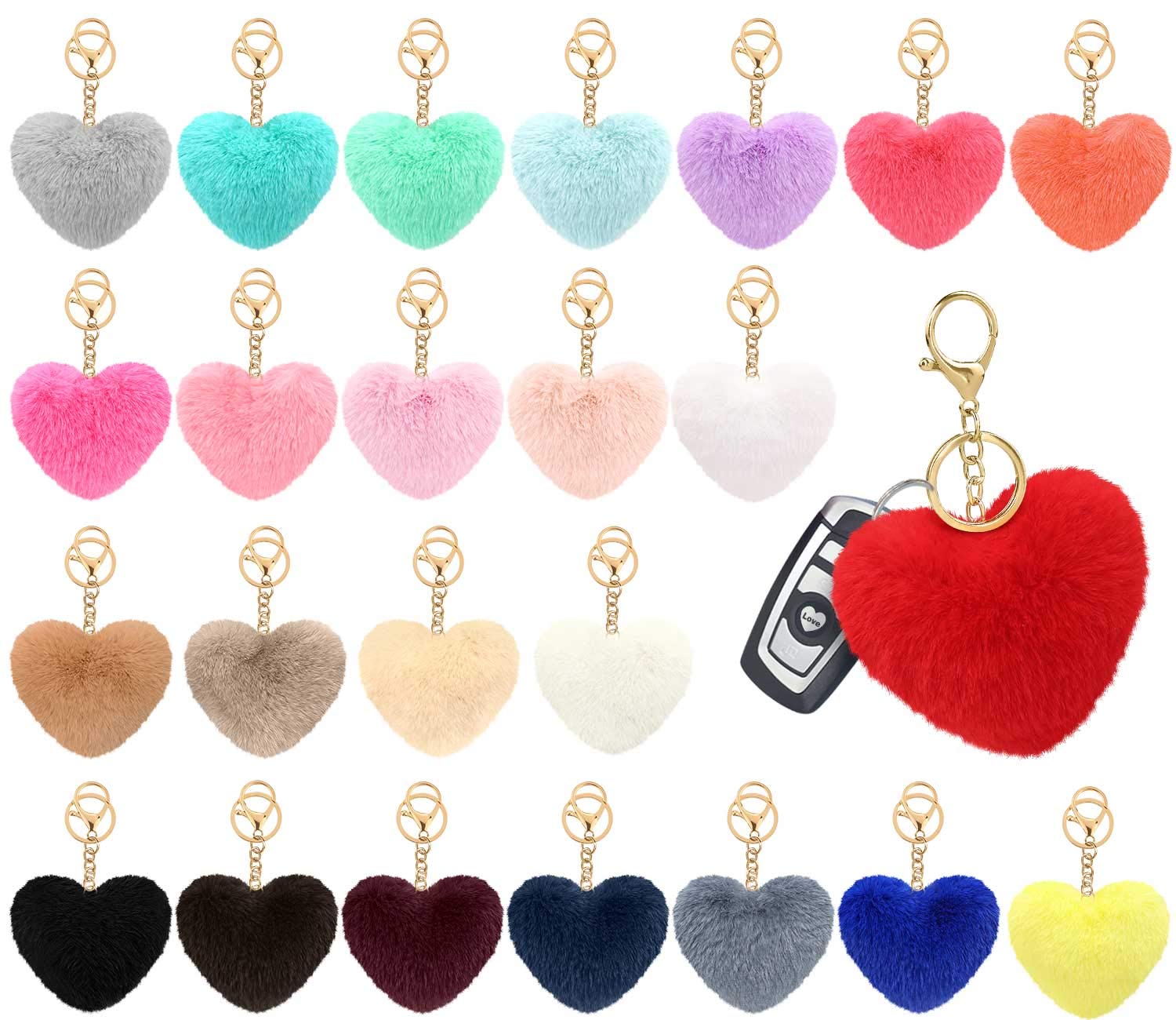 Colored Pom Pom Keychain Bulk Heart Fluffy Fur Puff Ball Key for Women (24pcs)