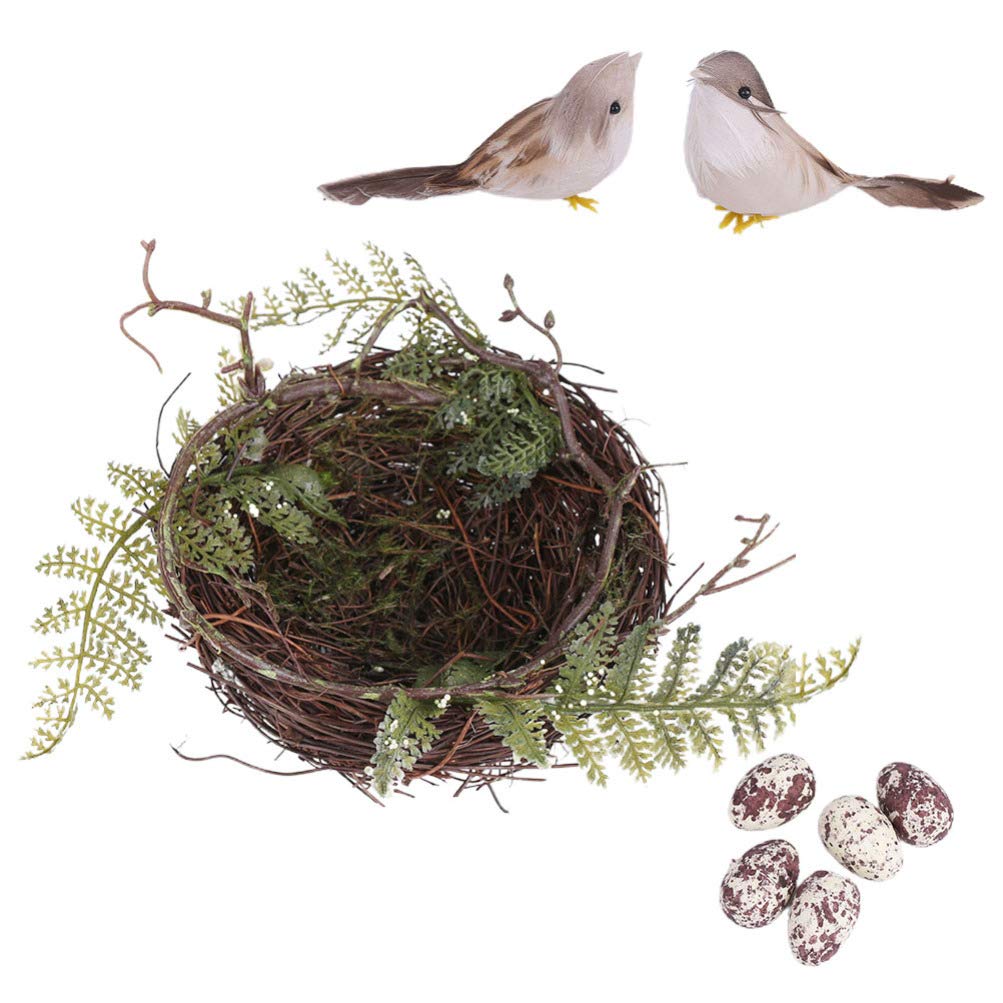VALICLUD Artificial Bird Nest with Eggs Birds Faux Natural Rattan Twig Bird Nest House Ornament Photo Props for Home Garden Decoration