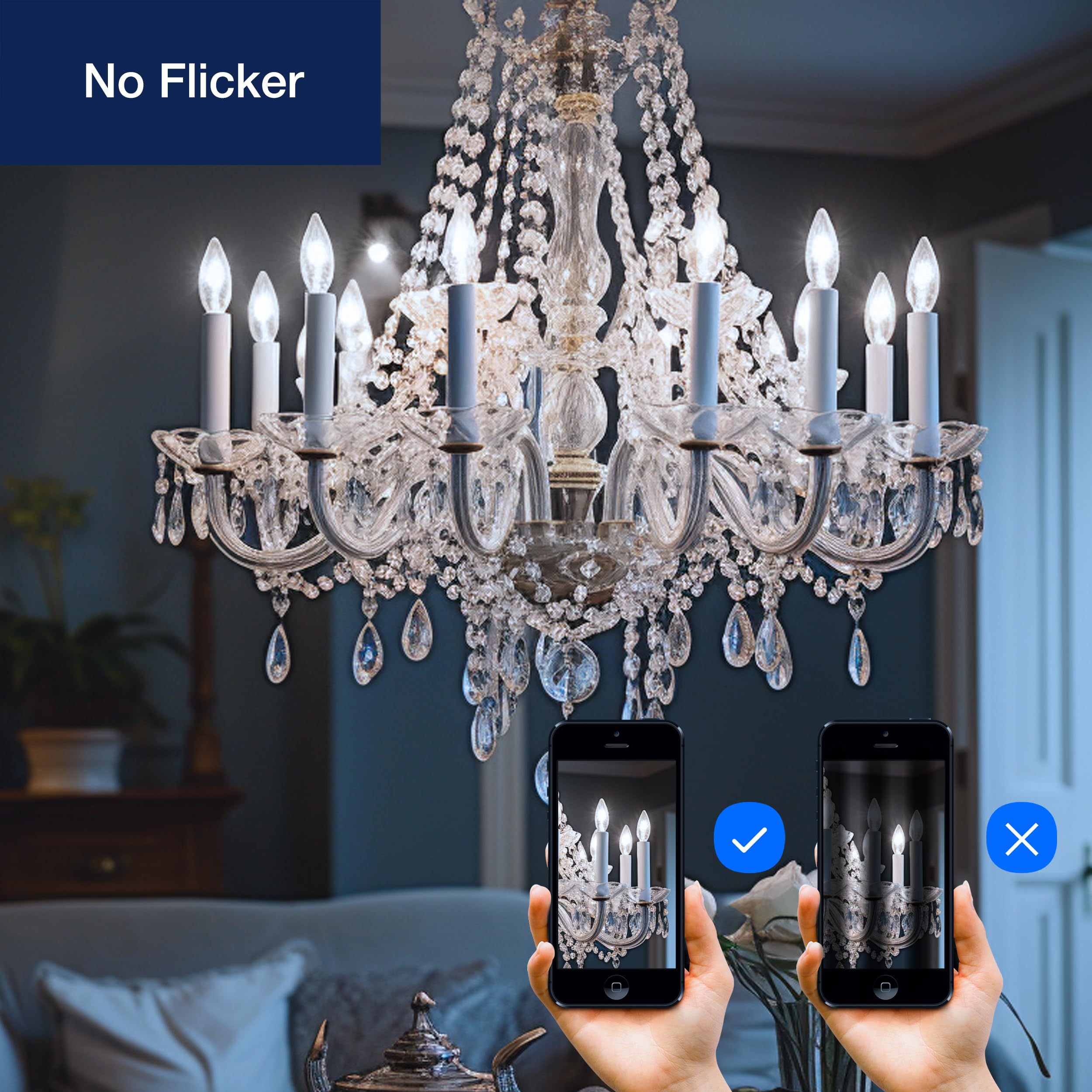 FLSNT 100W Equivalent Candelabra LED Bulbs 5000K Daylight, Dimmable LED Chandelier Light Bulbs for Dining Room, Living Room, Porch, 800LM, E12 Base, 12 Pack