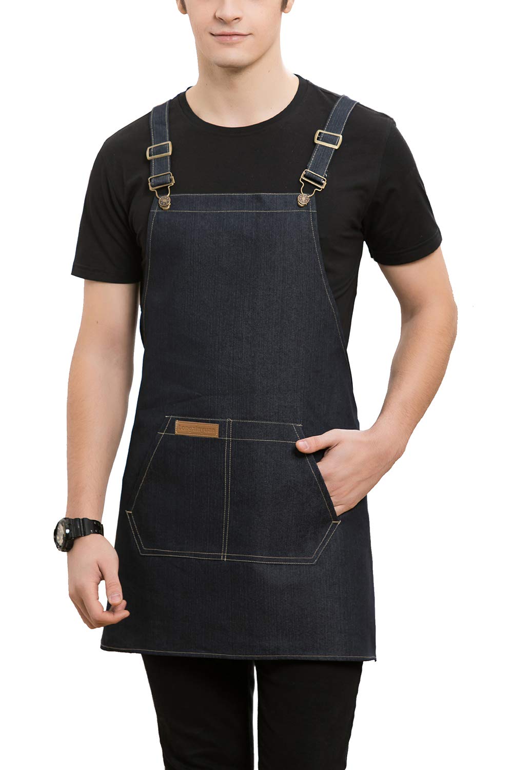 Denim Cross-Back Chef Bib Apron with Pockets for Men and Women (Black)