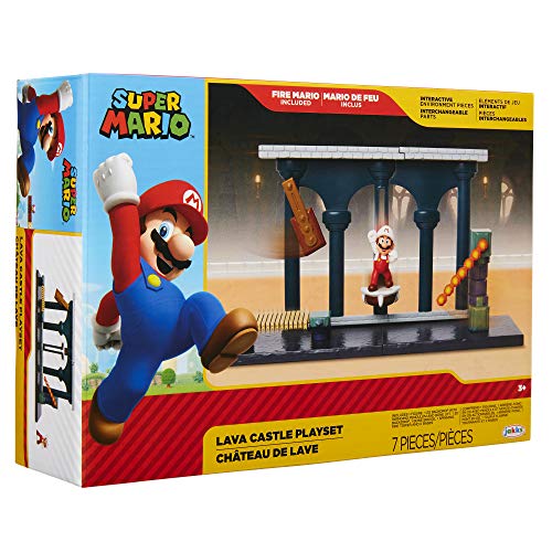 Nintendo Super Mario Lava Castle Deluxe Play Set, Includes: 2.5” Fire Mario Figure & Mechanical Features, Spinning Fireballs Tower, Swinging Pendulum, Bone Lift & Bridge