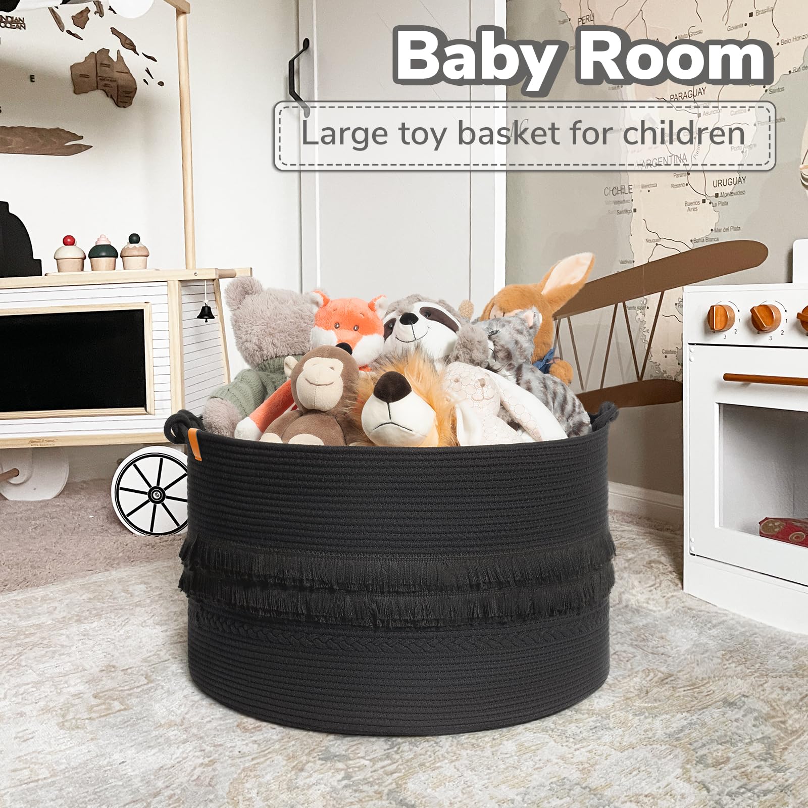 CherryNow Extra Large Black Laundry Basket, Rope Storage Basket for Bathroom, Bedroom, Living room, Entryway, Big Blanket Basket for Pillows, Toys, Clothes, 22 x 14 inches