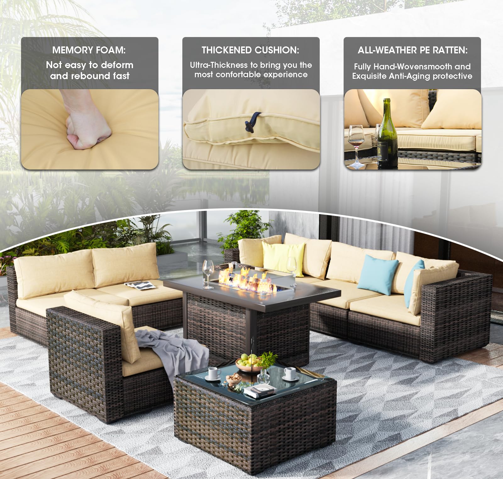 GREZJXC 3 Pieces Outdoor Sectional Patio Furniture Set with Fire Pit Table PE Rattan Wicker Patio Sectional Conversation Set with Cushions Beige