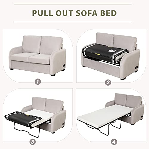 Merax Pull Out Sleeper Sofa Bed with Twin Size Pad, USB Charging Port and 3-pin Plug for Small Apartment, Living Room Love Seats, Beige_w/Mattress