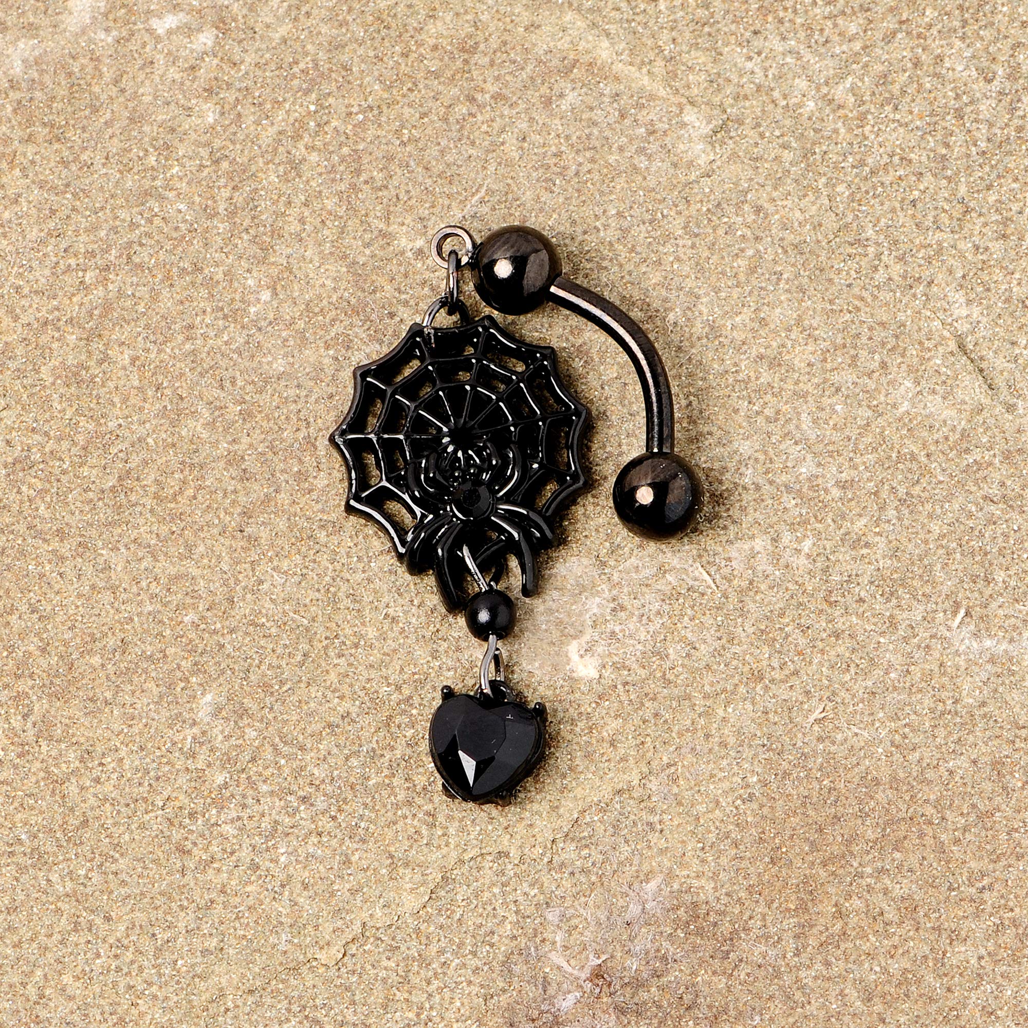 Body Candy Black Plated Steel Navel Ring Piercing Black Heart Spiderweb Reversible Dangle Belly Button Ring