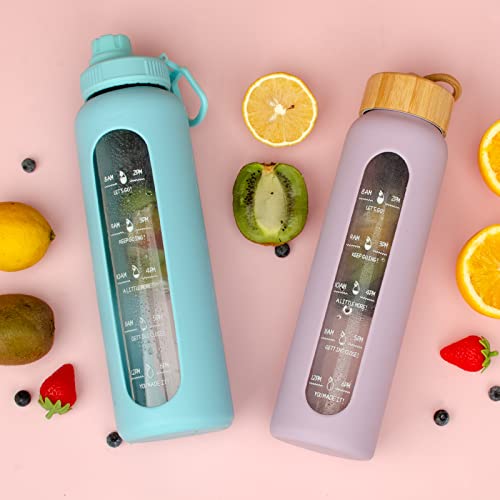 Sursip 32oz Glass Water Bottle with Time Marker and 2 Lids-Spout Lid/Bamboo Lid,Reusable motivational Glass Water Drinking Bottles with Silicone Sleeve/Ice Tray/Fruit box,Leak Proof BPA Free