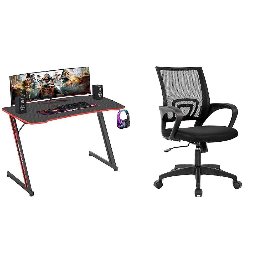 BestOffice 35"/39"/47" Computer Desk Z Shaped Workstation Ergonomic Table with Headphone & Home Office Chair Ergonomic Desk Chair Mesh Computer Chair with Lumbar Support Armrest Executive