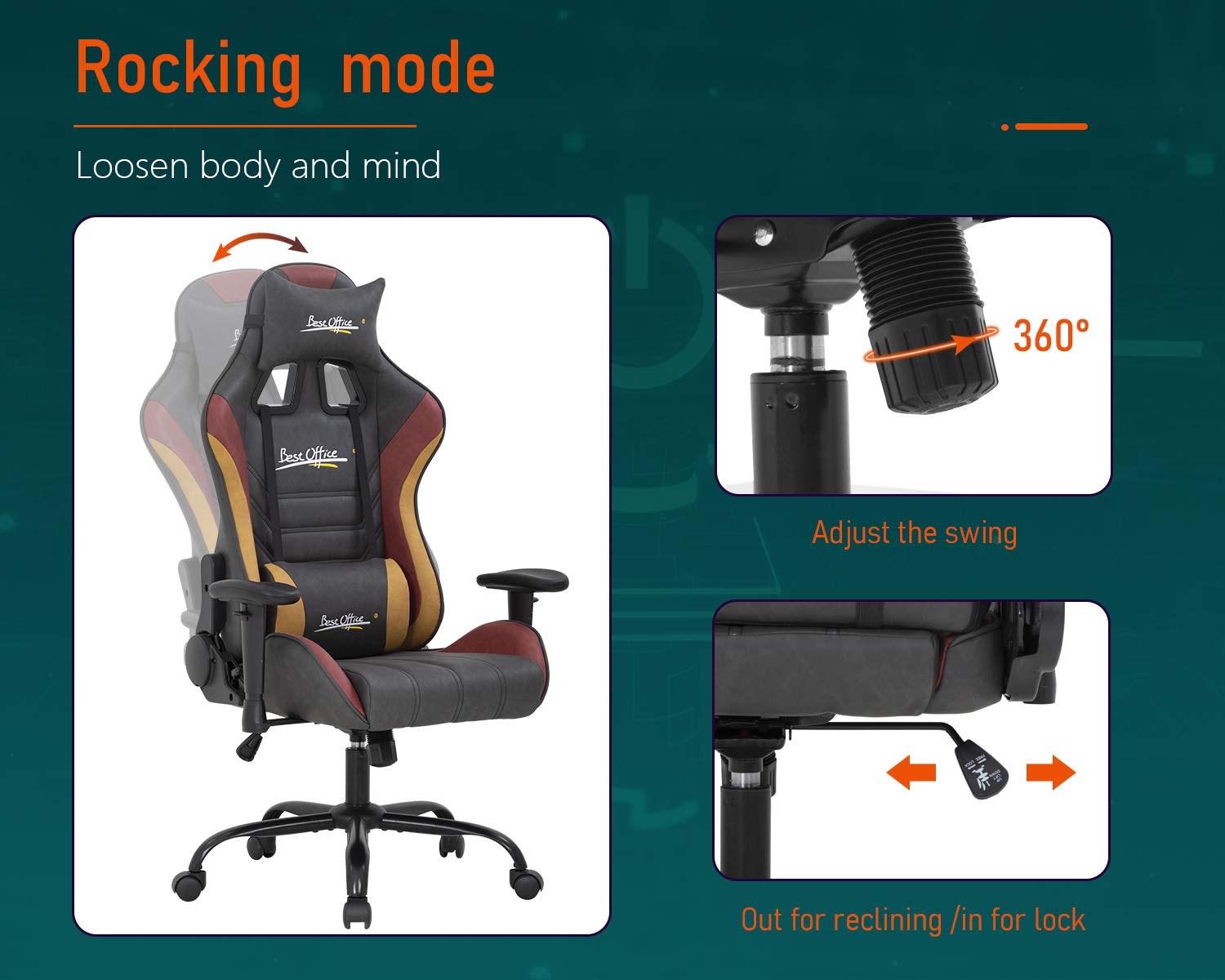 BestOffice Ergonomic Office Racing Computer Lumbar Support Headrest Adjustable Armrest Rolling Swivel Desk PU Leather E-Sports Task Chair, Red