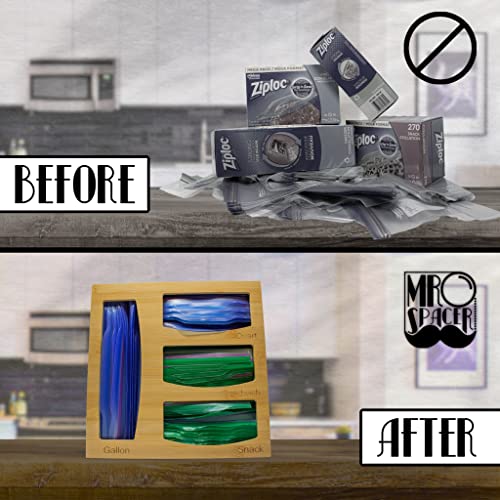 Mr Spacer Food Bag Storage Organizer for Kitchen, Bamboo Kitchen Bag Organizer, Compatible with Gallon, Quart, Sandwich and Snack Size Bag (1 Box 4 Slots)