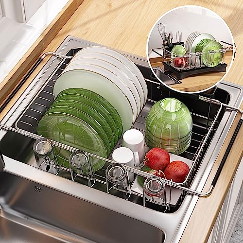 MAJALiS Sink Dish Drying Rack - Use for Countertops & in-Sinks & Over-Sink, Stainless Steel Dish Drainers for Kitchen Counter, Inside Sink Dish Dryer Racks, Kitchen Organizer, Silver