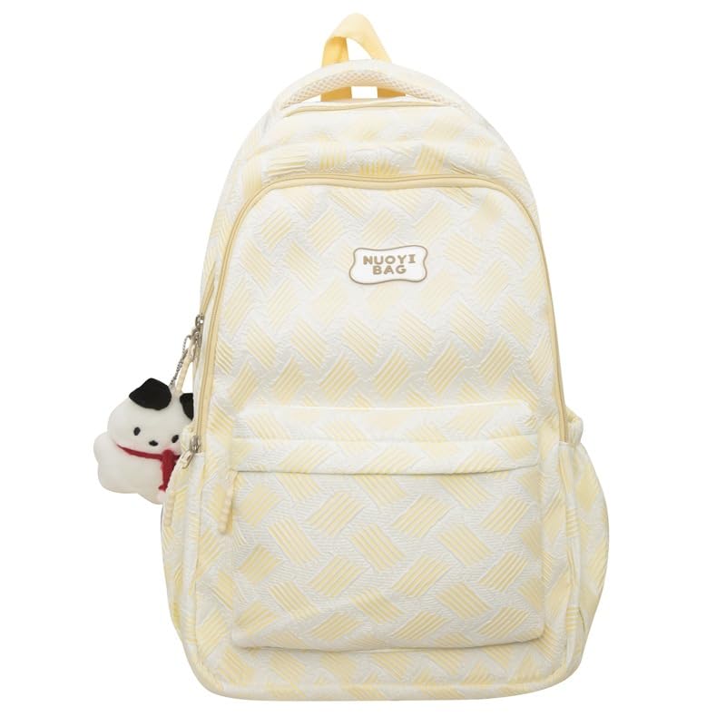 IECSHDU Kawaii Aesthetic Laptop Backpack Large Capacity Emboss Textured Casual Daypack Cute Plush Pendant Simple Laptop Bag (Yellow)