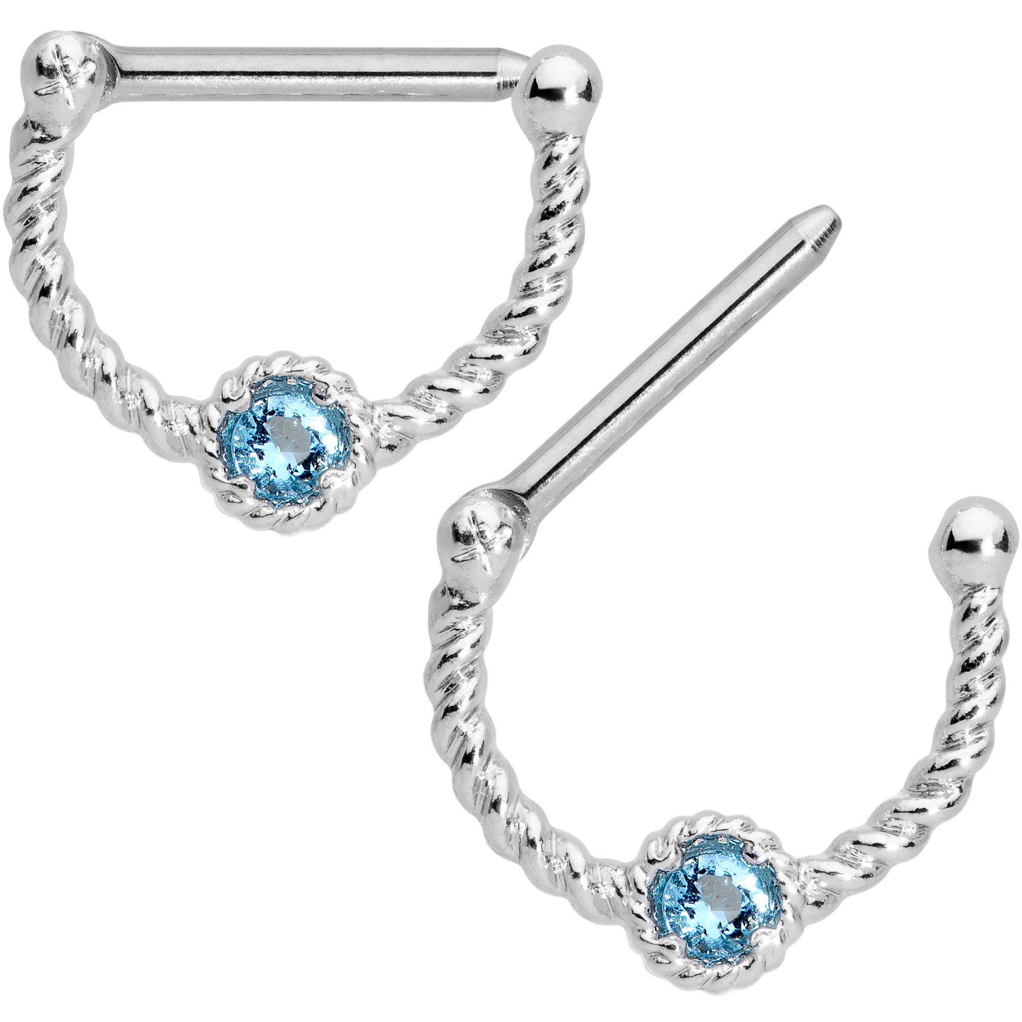 Body Candy Stainless Steel Brilliant Blue Accent Twisted Nipple Clicker Set of 2 14 Gauge 7/16"