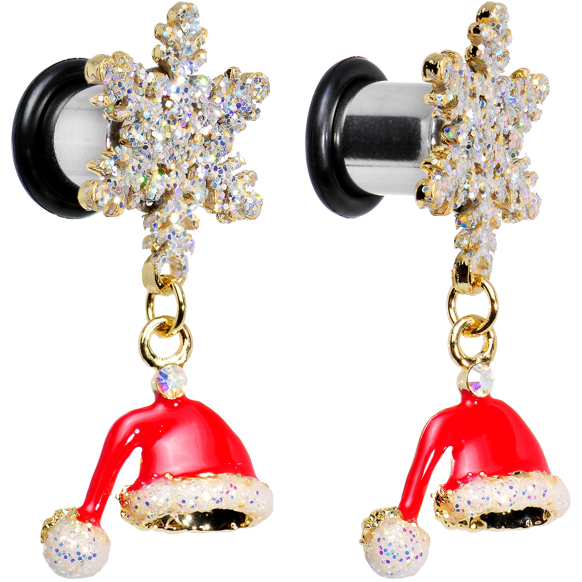 Body Candy Steel Clear Accent Snowflake Santa Hat Christmas Single Flare Dangle Ear Gauge Plug Set 0 Gauge