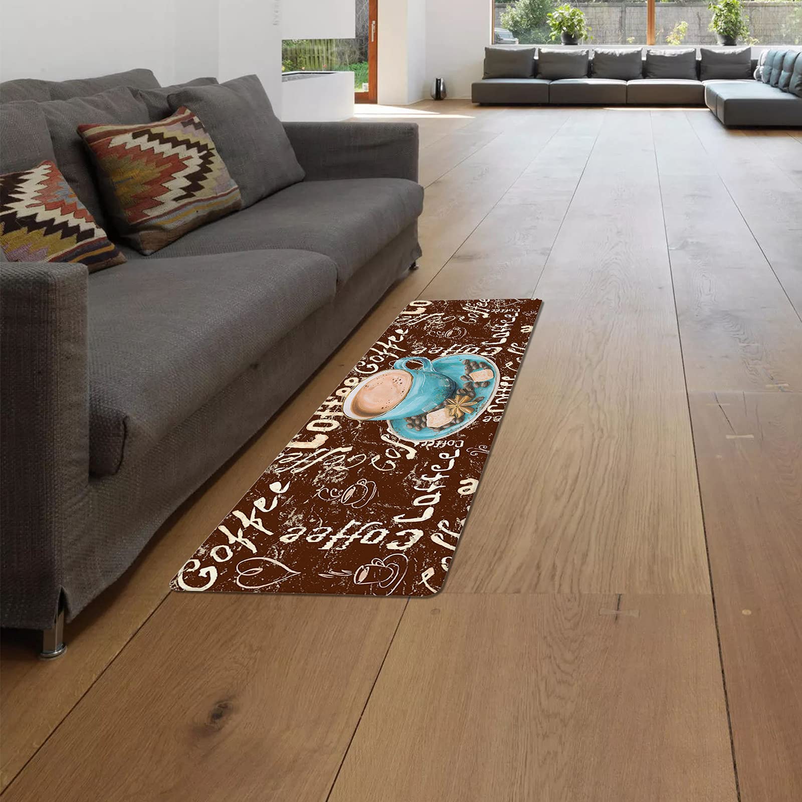 Coffee Kitchen Rugs Set 2 Piece 18x30in+18x47.2in, Non-Slip Kitchen Mats Set Rubber Backing Indoor Entry Door Mat Carpets - Vintage Blue Coffee Cup Beans Sugar Lump Brown