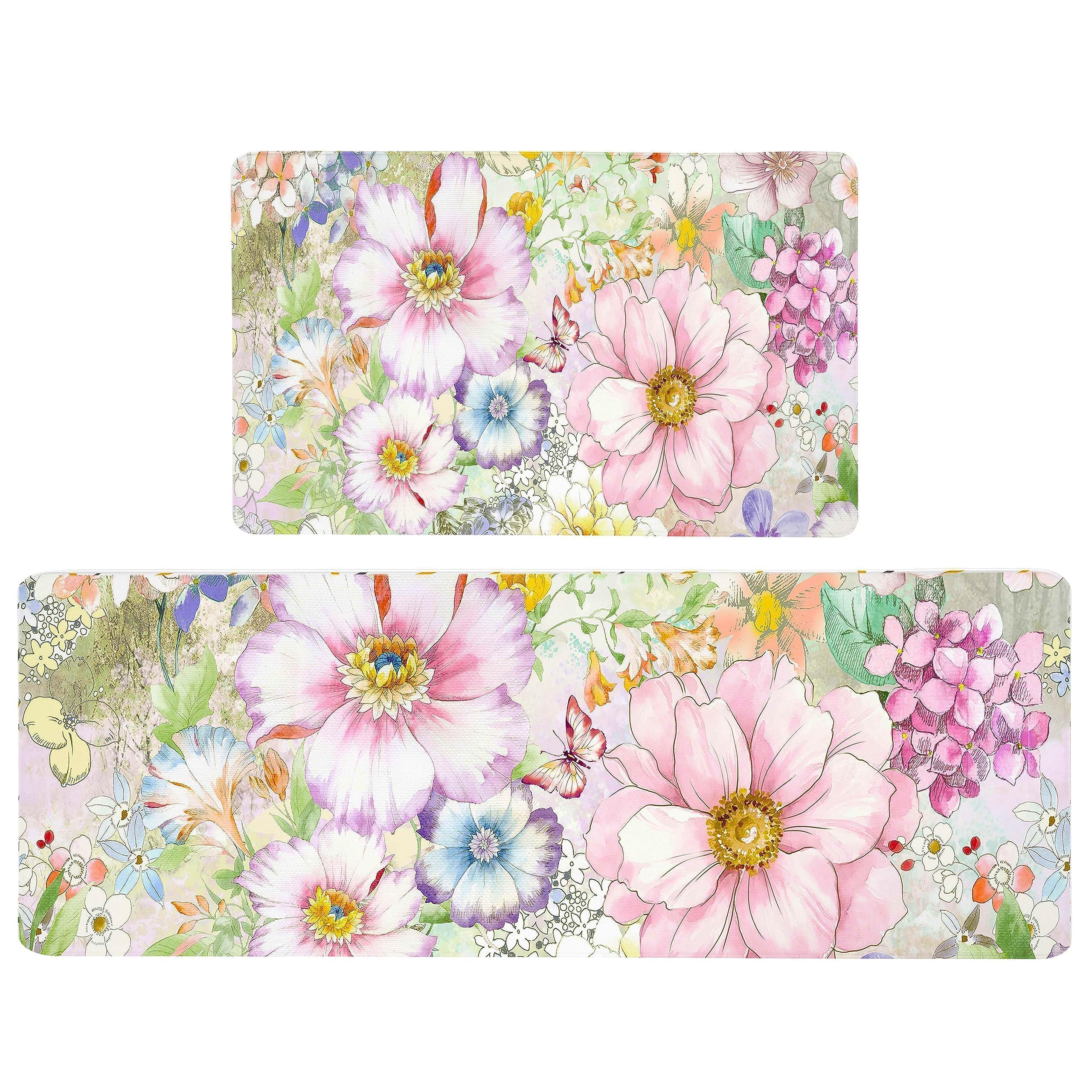 chiinvent Pink Floral Kitchen Rug Mats Set of 2 Boho Flower Anti Fatigue Kitchen Mats for Floor Non-Slip Cushioned Kitchen Floor Mat Comfort Standing Memory Foam Mat Waterproof PVC (17.3X 28+17.3X 47)