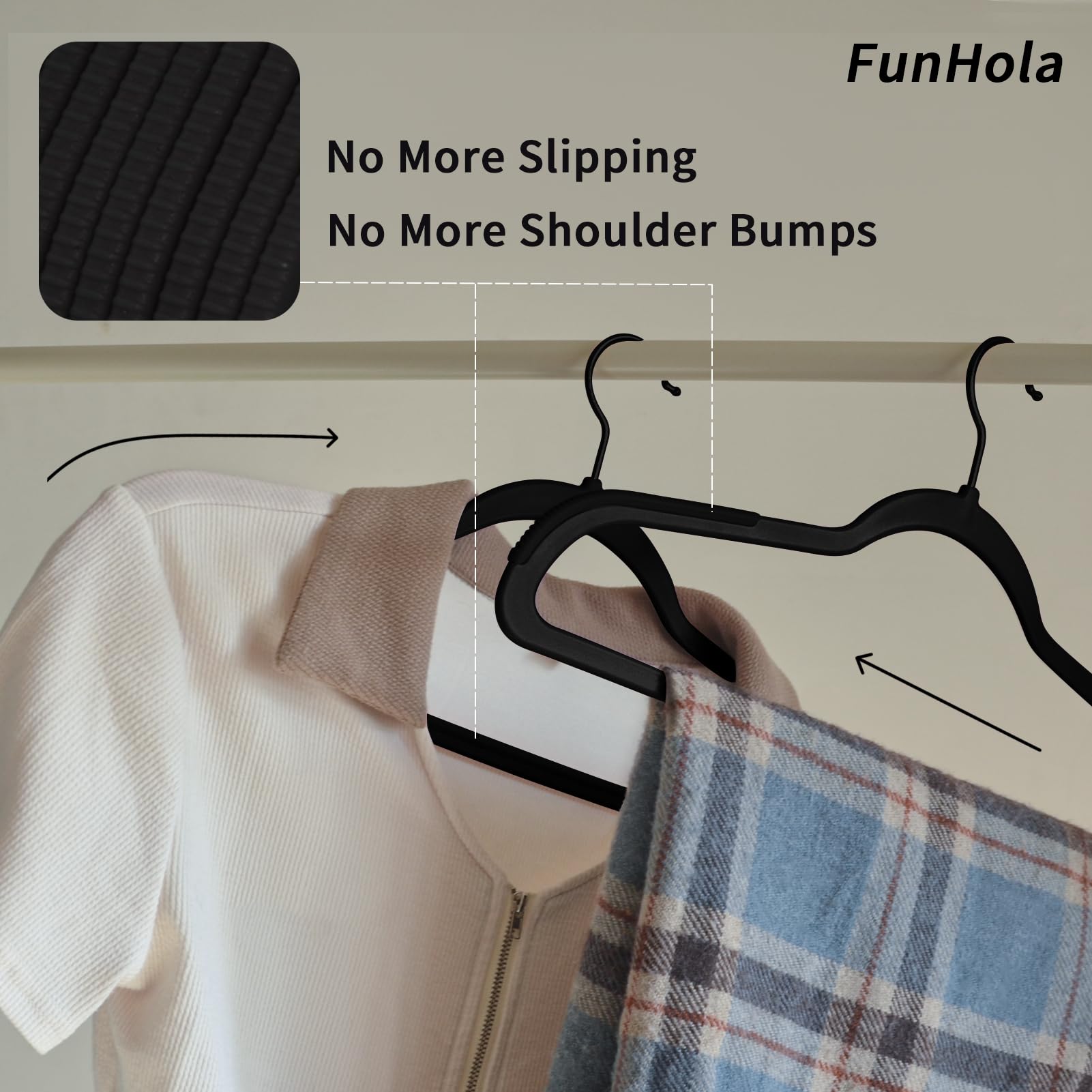 FunHola One-Color Look Plastic Hangers Non Slip, 50 Pack, Luxury Coat Hangers, Space Saving up to 40%, Black Plastic with Black 360° Swivel Hook
