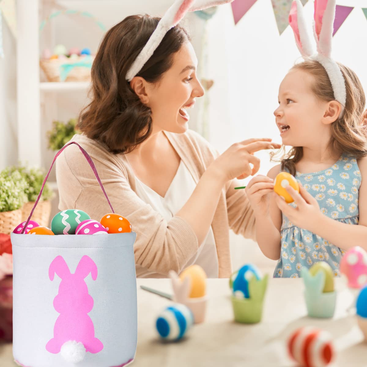 Easter Baskets 4Pack Egg Hunt Basket Bags Bunny Rabbit Canvas Tote - Cotton Carrying ,Come with Wooden Hanging Easter Decor(Blue, Pink, Purple, Green)