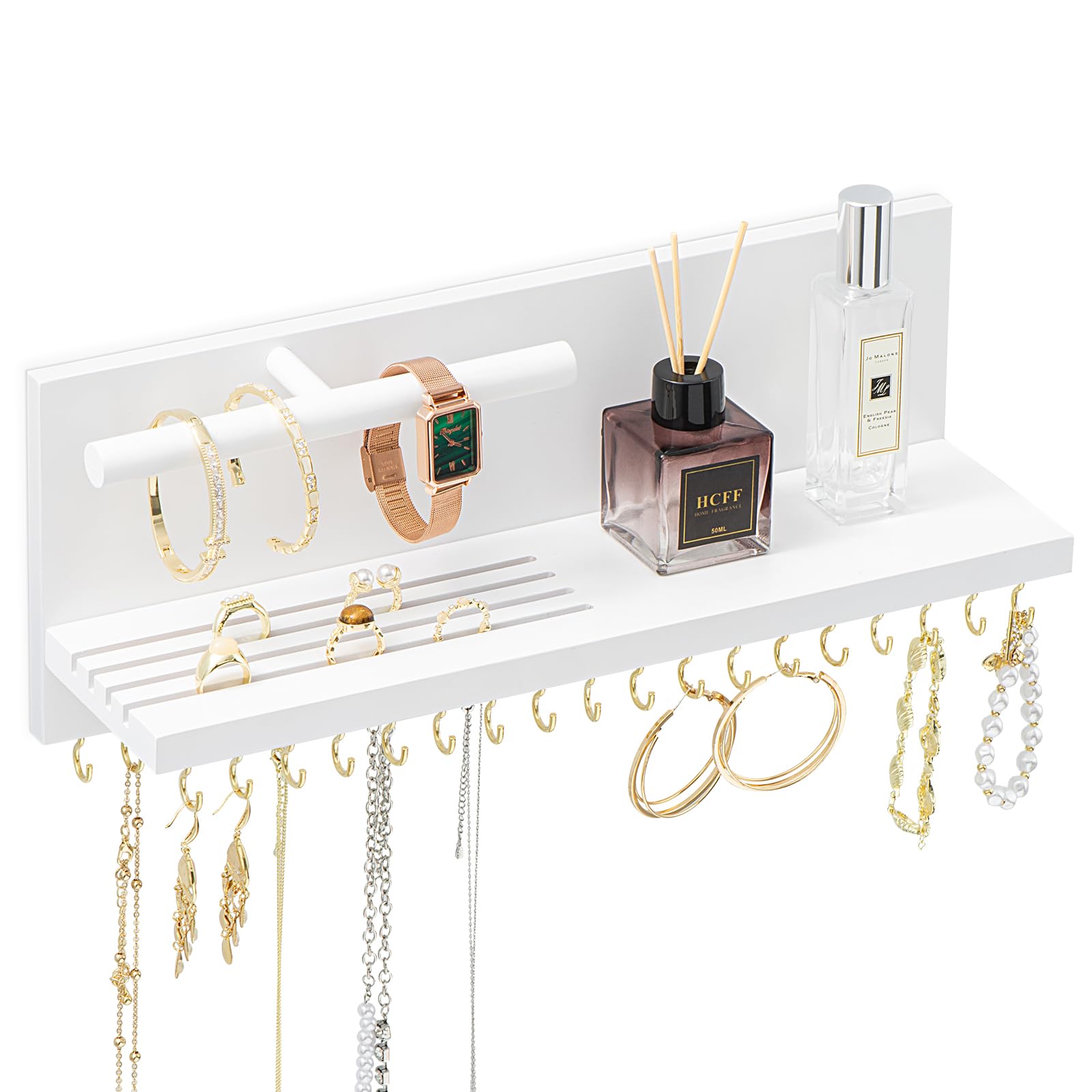 HappyHapi Hanging Jewelry Organizer Necklace Organizer Jewelry Hanger with 36 Hooks,Wall Mounted Jewelry Organizer for Necklace Earrings and Rings (White)