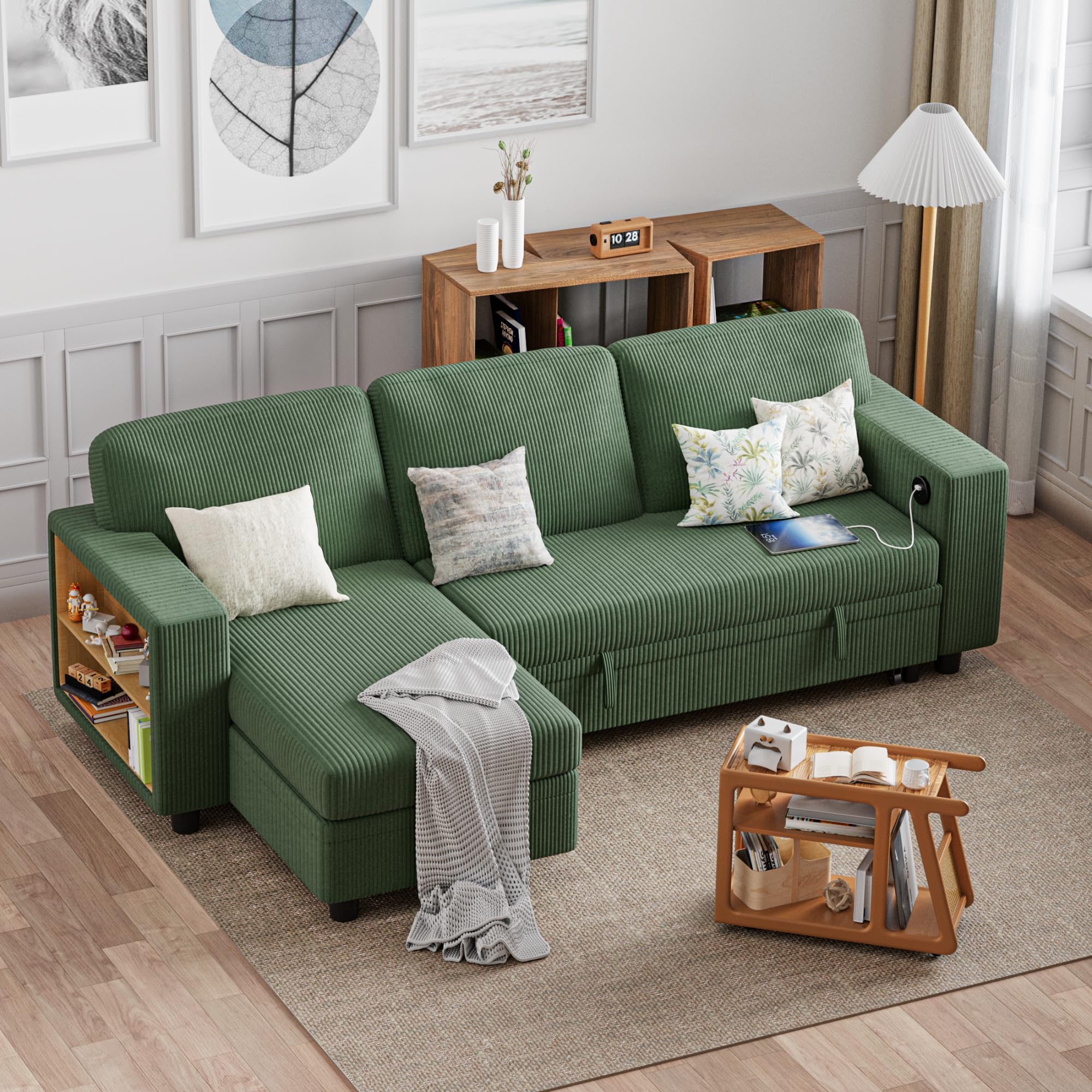 Furmax 80âł Sleeper Sofa Couch with Pull Out Bed L Shaped Sleeper Sofa with Storage Chaise, USB Charging Ports & 2 Built-in Bookshelves 3-Seat Sectional couches for Living Room (Corduroy, Green)