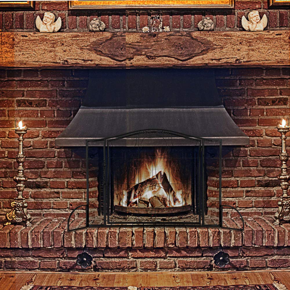 Cu Alightup Fireplace Screen 56x29 Inches Fire Place Cover Screen Fire Spark Guard Metal Mesh Panels Black for Living Room,Rustic Home Decor