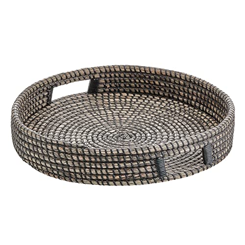 mDesign Seagrass Woven Large Decorative 18" Round Basket Serving Tray w/Built-In Handles for Kitchen, Coffee Table, Wall Decor, Ottoman; For Storage, Centerpiece Display - Black