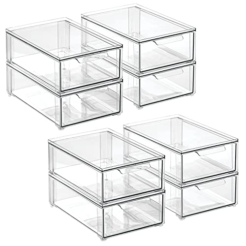 mDesign Plastic Stackable Bathroom Storage Organizer Bin with Pull Out Drawer for Cabinet, Vanity, Shelf, Cupboard, Cabinet, or Closet Organization - Lumiere Collection - 8 Pack - (Clear, 8 x 12 x 4)
