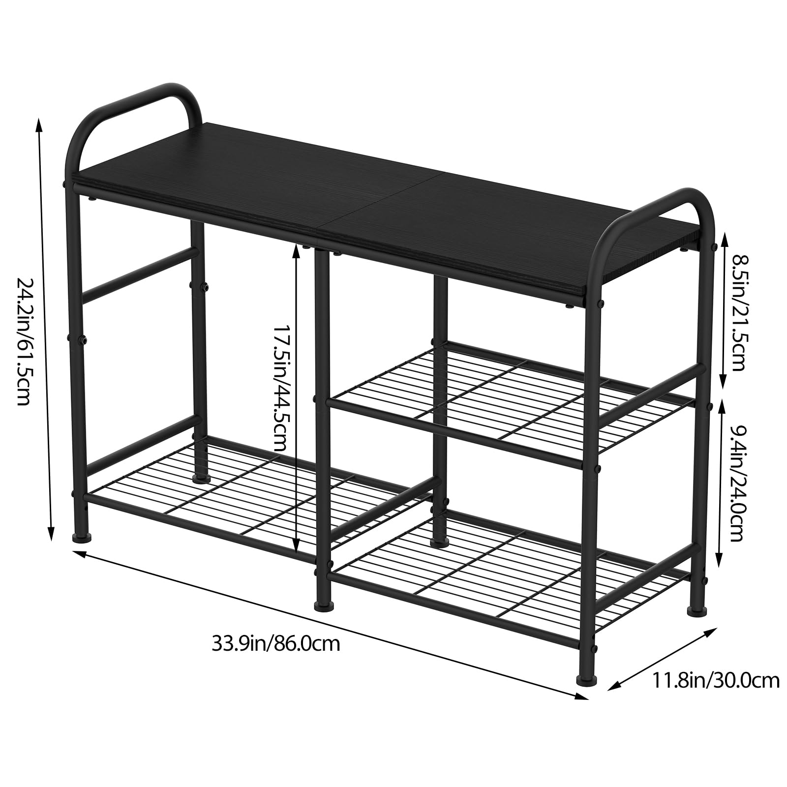 Entryway Shoe Rack Organizer, Free Standing Shoe Rack for Closet with Mesh Shelves and MDF Board, Modern Black Shoe and Boots Storage Shelf for Hallway Doorway