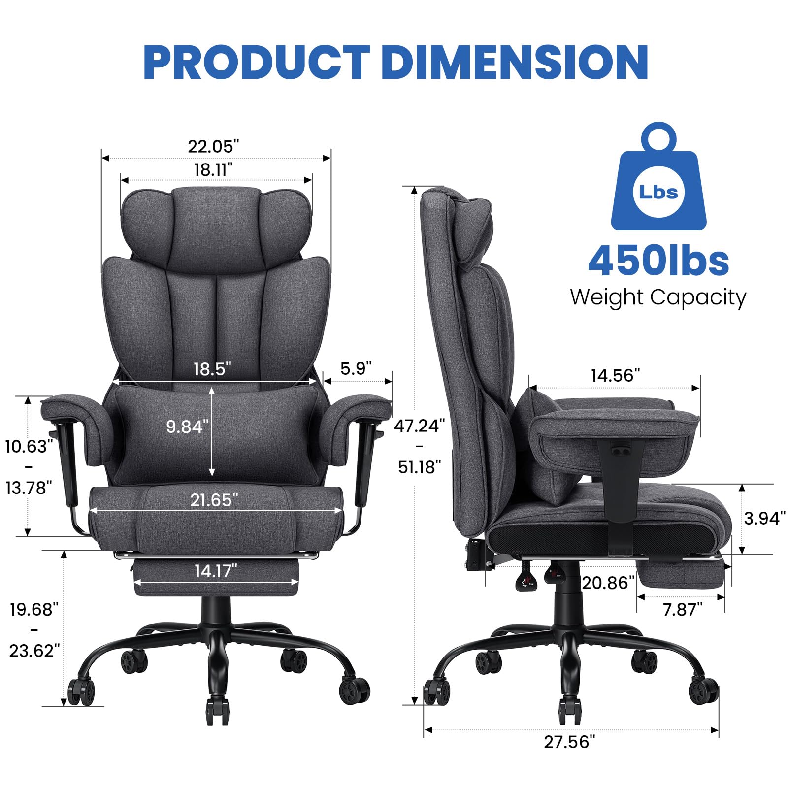 Executive Office Chair Big and Tall with Massage Lumbar Support 450lbs Reclining Office Chair with Footrest Heavy Duty Desk Chair High Back Ergonomic Fabric Chair for Heavy People Dark Gray