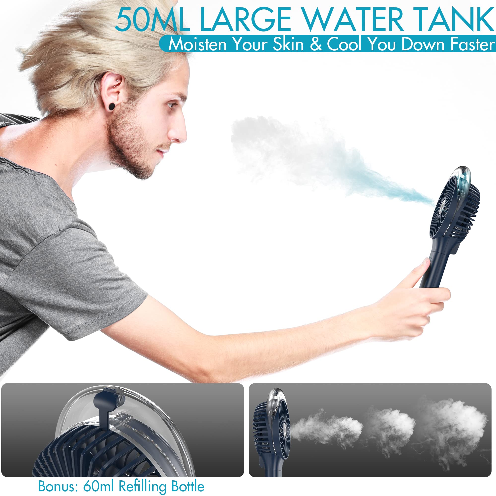 COMLIFE Handheld Misting Fan, USB or Rechargeable Battery Powered, 50ml Large Water Tank 3 Powerful Speeds 180° Foldable Spray Fan for Desktop Home Office Dorm Hiking Travel Outdoors