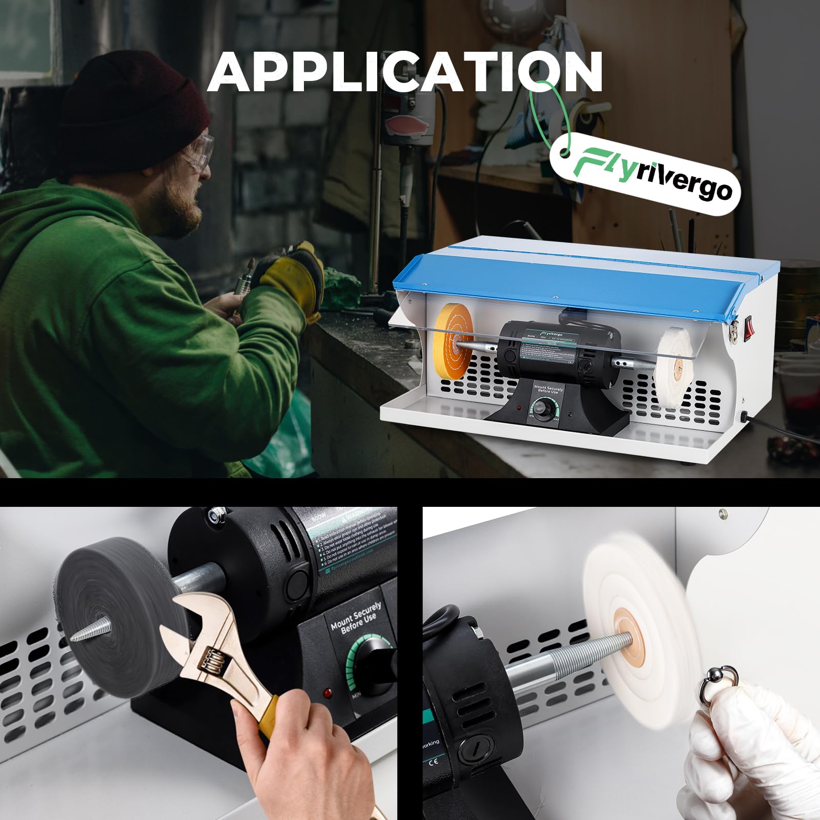 Flyrivergo Jewelry Polishing Machine, Bench Buffer Polisher 800W 110V Adjustable Variable Speed Polishing Machine with Dust Collector, Exhaust Fan Blower, Work Light and Motor Housing for Metal, Wood