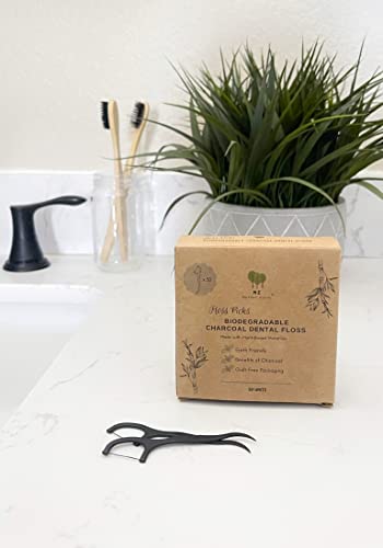 Me Mother Earth Vegan Dental Floss Picks (200 Count) โ Natural | Sustainable | Eco Friendly | Charcoal Dental Flossers for a Zero Waste Oral Care
