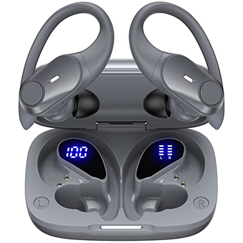 GOLREX Ear Buds Bluetooth Headphones Wireless Earbuds 36Hrs Playback Wireless Charging Case Digital Display Over-Ear Earphones with Earhook Waterproof Headset with Mic for Sport Running Workout Grey