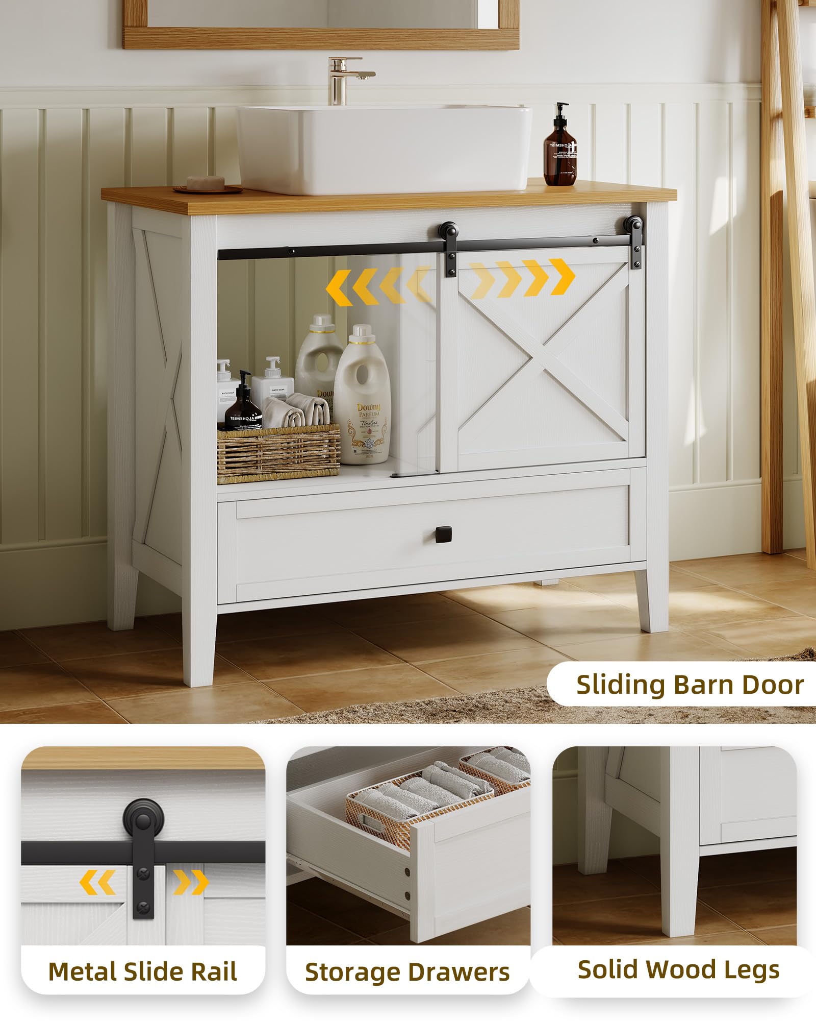 DWVO 48" Farmhouse Bathroom Vanity with Sink Combo, Barn Door Bathroom Storage Cabinet with Sliding Door & 7 Drawers, Ceramic Vessel Sink Top, White
