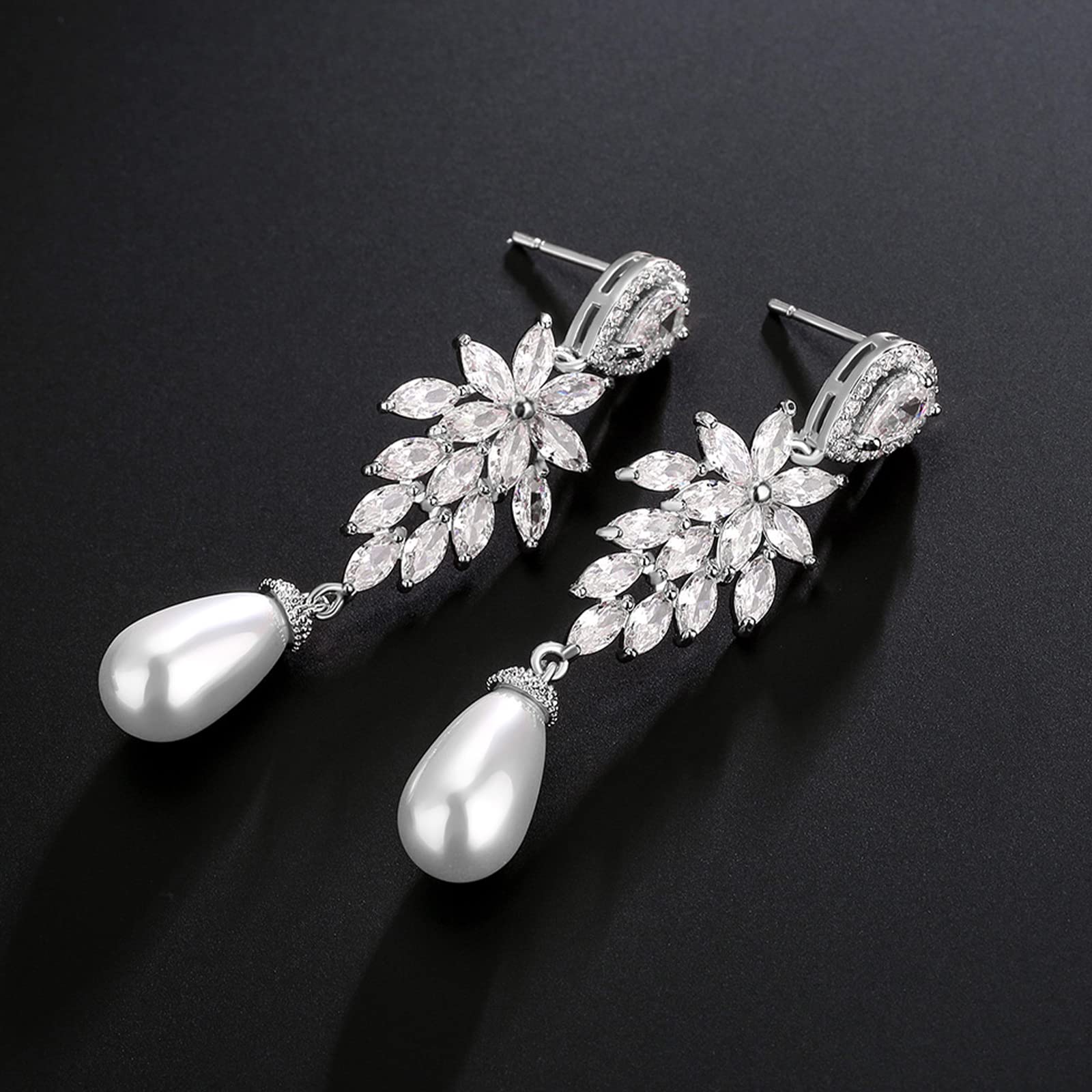 Cubic Zirconia Pearl Drop Wedding Earrings for Brides Bridesmaids, Pearl Drop Earrings for Women Parties, weddings, appointments. (Silver)