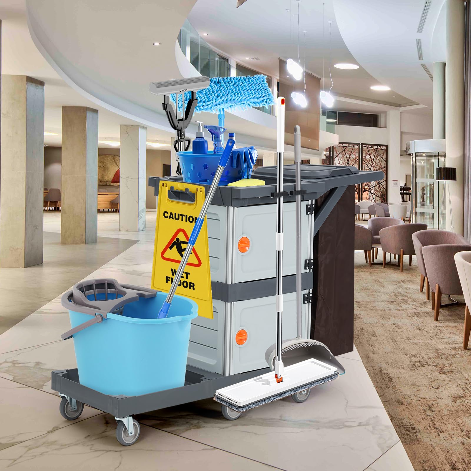 Commercial Janitorial Cart with Cabinet, 3-ply Multi-Purpose Engineered Plastic Housekeeping Cart with 30 Gallon Bag Hand Push Utility Cart, 200 lbs Load Capacity
