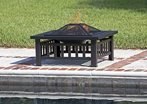 Fire Sense 62249 Fire Pit Stonemont Wood Burning Lightweight Portable Outdoor Firepit Backyard Fireplace for Camping Bonfire Included Screen Lift Tool - Square - Black