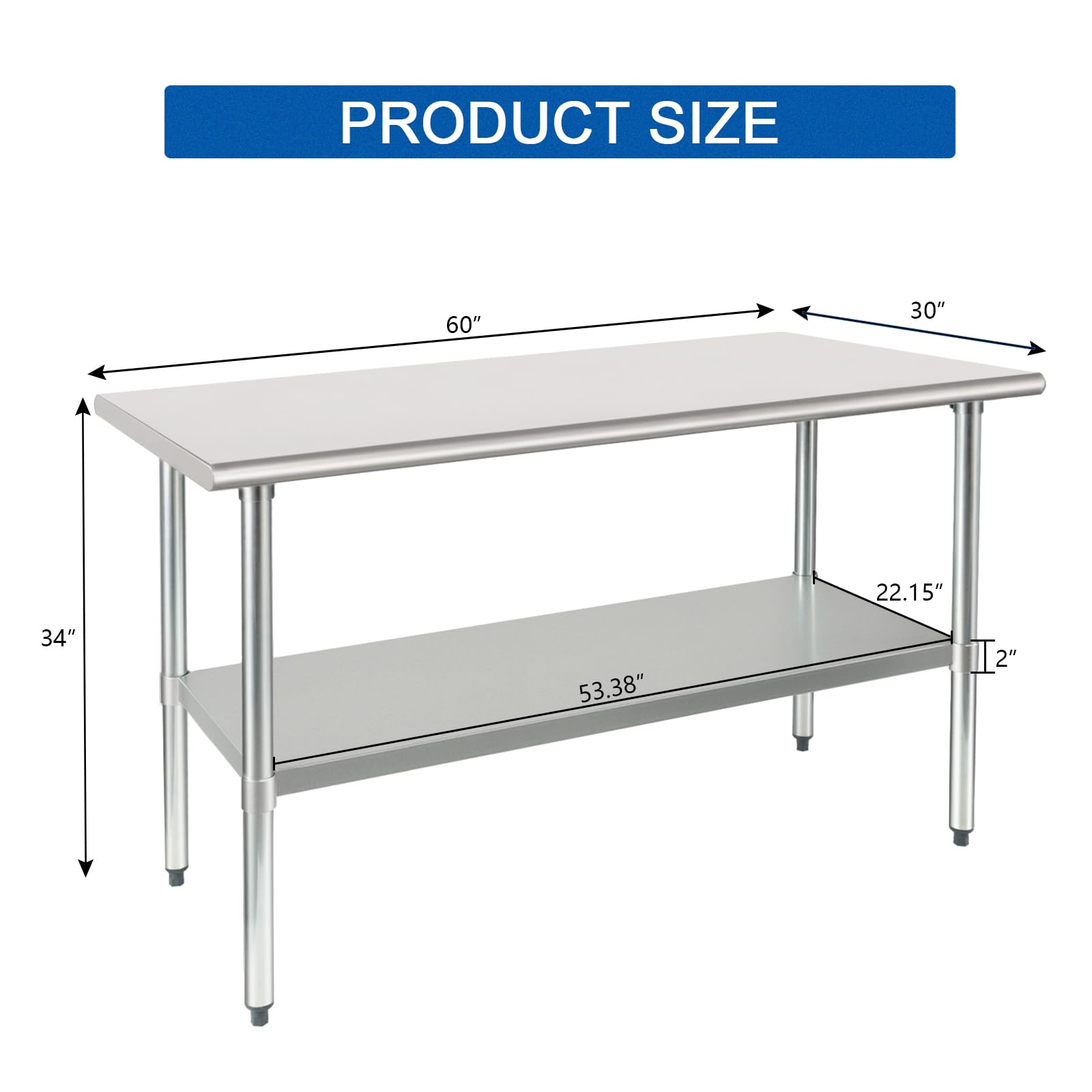 HARDURA Stainless Steel Table 24X60 Inches with Undershelf and Galvanized Legs NSF Heavy Duty Commercial Prep Work Table for Restaurant Kitchen Home and Hotel