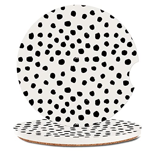 SXboxing Absorbent Car Cupholder Coaster 2 Pack,Ceramic Stone with a Finger Notch for Women & Lady,Cork Base Drink Coasters 2.56 Inch,Cute Auto Accessories Gifts - Cute Black Polka Dot