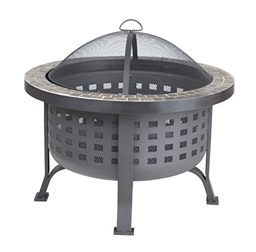 Fire Sense 62240 Fire Pit Alpina Slate Top Wood Burning Lightweight Portable Outdoor Firepit Backyard Fireplace for Camping Bonfire Included Screen Lift Tool & Cooking Grate - Round - 24"