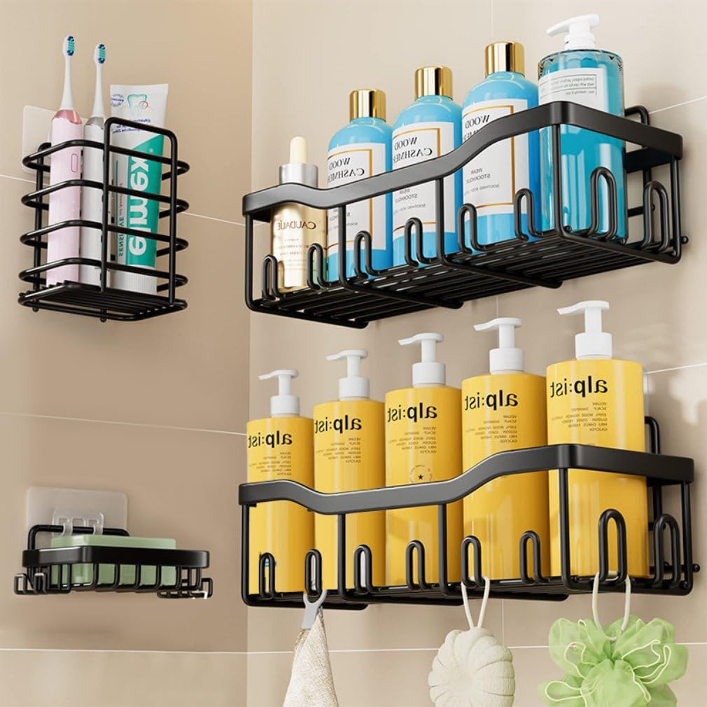 Flyxiregg Shower Caddy 4 Pack，Bathroom Shower Organizers，Shower Organizer for Bathroom Storage&Home Decor&Kitchen，No Drilling，Stainless Steel Shower Shelves with 10 Hooks