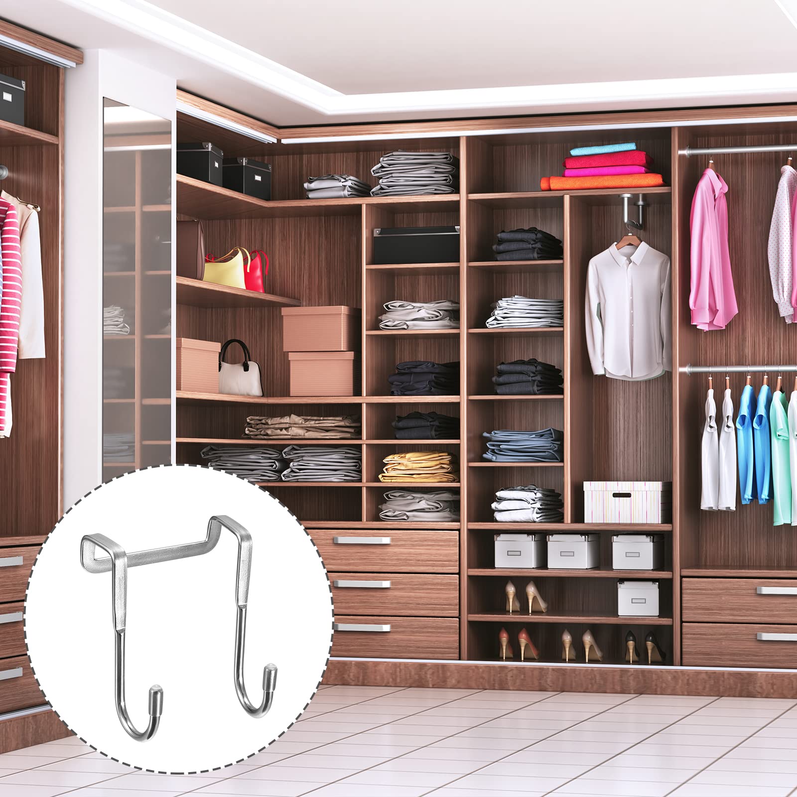 HARFINGTON Over Cabinet Drawer Hooks, 2 Pack S-Shape Extended Stainless Steel Double Hanging Hooks for Bathroom Kitchen Door, Silver Tone