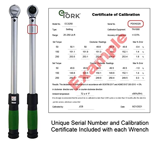 eTORK Click-Style Torque Wrench (3/8-Inch Drive) (Range: 50-250 Inch Pounds / 6-28 Newton Meters)