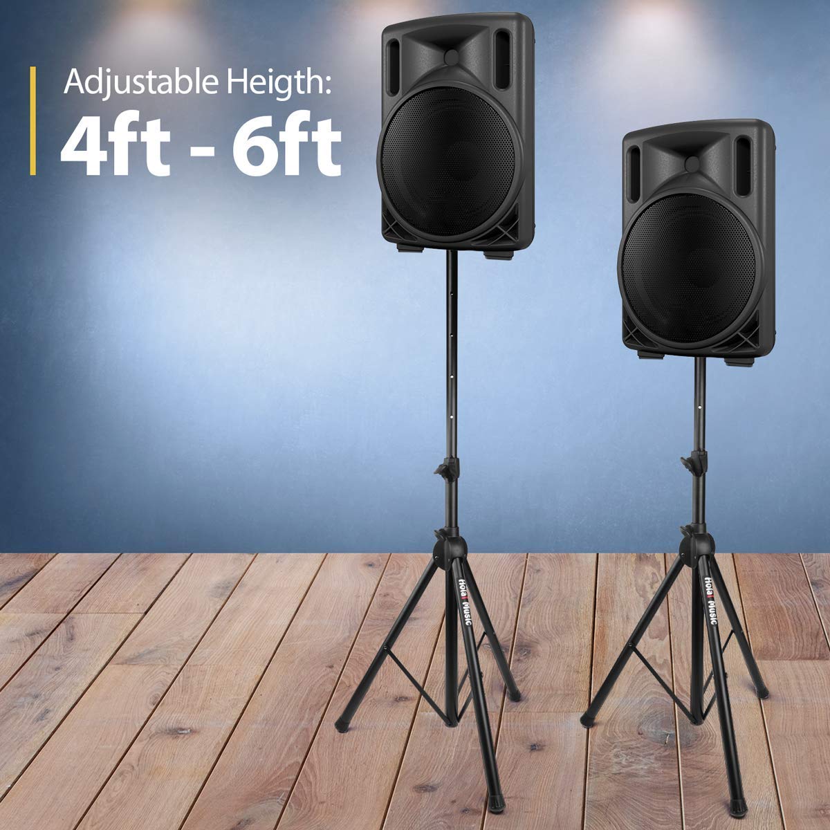 Pair of PA Speaker Stands by Hola! Music, Professional Heavy-Duty Tripod Structure, 4-6ft Adjustable Height, Model HPS-500PA