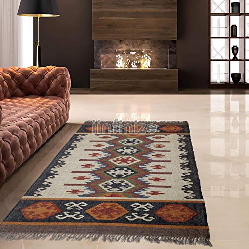 iinfinize Wool Jute Throw Rug Pad Hippie Yoga Turkish Rug Mat Bedroom Vintage Dhurrie Floor Decor Runner Indoor Outdoor Area Rug Reversible Carpet Handwoven