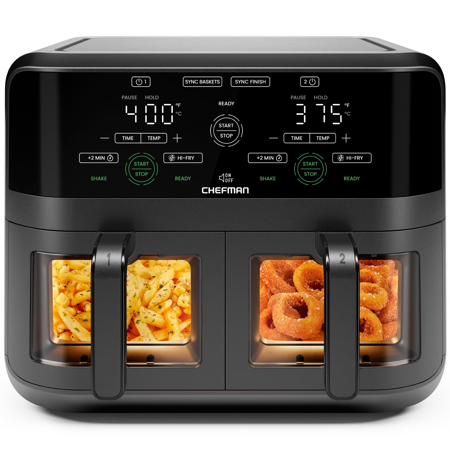 CHEFMAN 6 Quart Dual Basket Air Fryer Oven with Easy View Windows, Sync Finish, Hi-Fry, Auto Shutoff, 2 Independent 3Qt Nonstick Dishwasher Safe Frying Baskets, Digital Double Air Fryer - Black