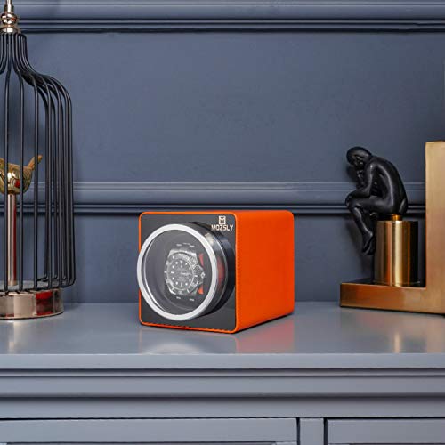 MOZSLY Watch Winder for Automatic Watches with 12 Rotation Mode Setting for Rolex Fit Man Women Automatic Watch Orange Leather