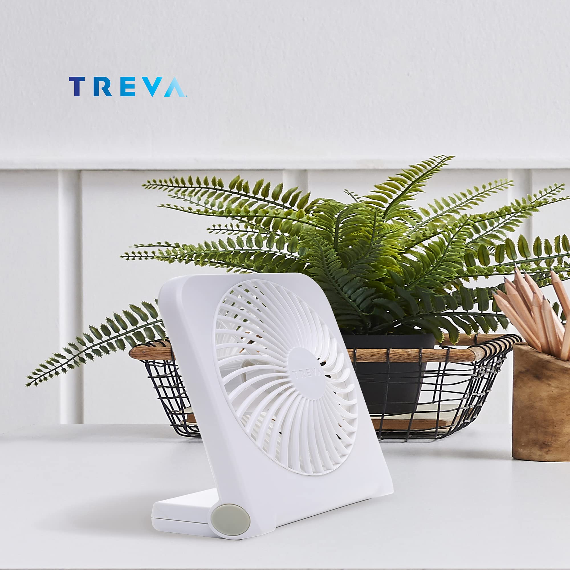 Treva 5-Inch USB and Battery Powered Desk Fan With Two Cooling Speeds and Adjustable Tilt, Small USB Fan Cubicle Accessories Durable and Long Lasting (White)