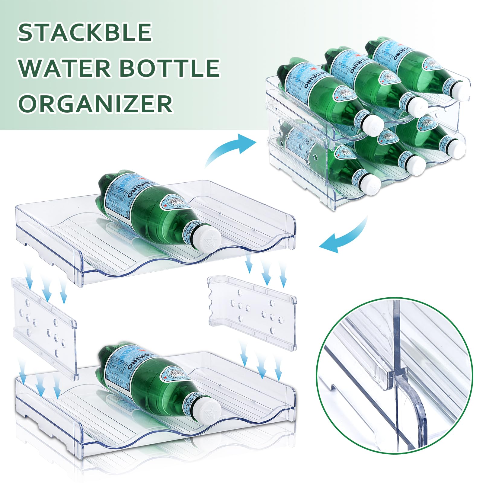 ChengFu Sparkling Water Bottle Holder,6 Bottle Refrigerator Rack for Sparkling Water, Water Bottle Organizer for Sparkling Water Bottle, 2 Pack Stackable Cup Organizer for Fridge, Clear
