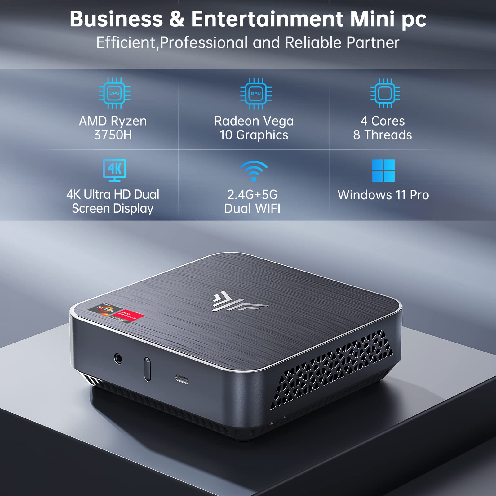 KAMRUI AMD Ryzen 7 3750H Mini PC, Windows 11 Pro 16GB DDR4 RAM 256GB SSD Micro Desktop Computers, DP + HDMI 4K UHD Small Form Factor Computer Gaming Office